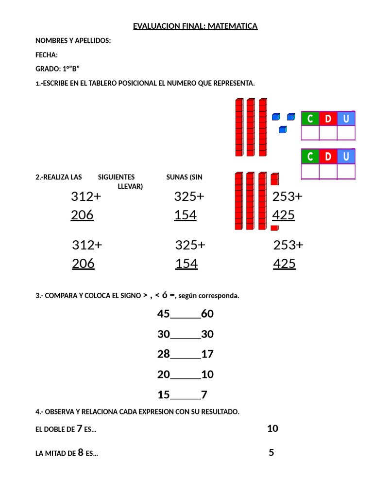 Evaluación Final de Matemáticas 1°B | PDF