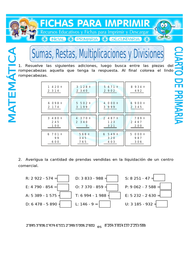 Ficha Sumas Restas Multiplicaciones y Divisiones Para Cuarto de ...