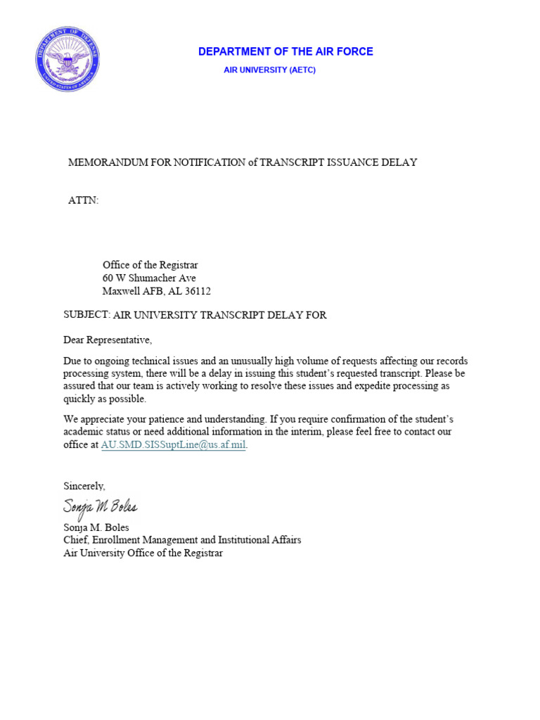 Air University Transcript Delay Notice | PDF
