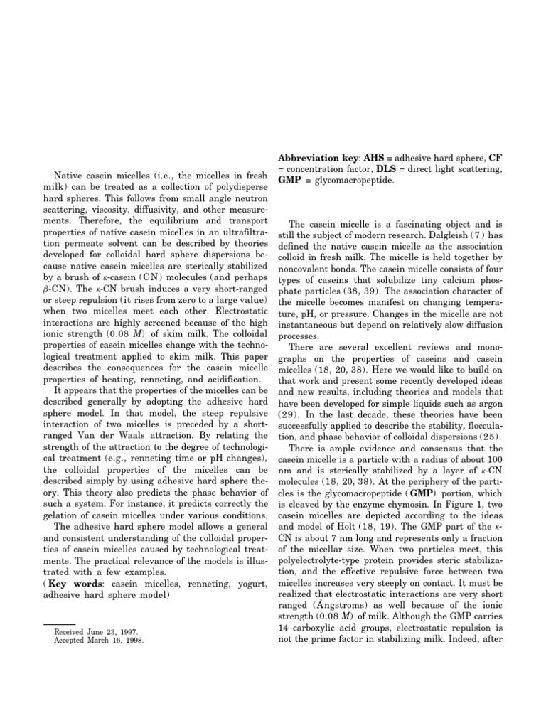 Casein Micelles and Coagulation Dynamics | PDF | Colloid | Milk