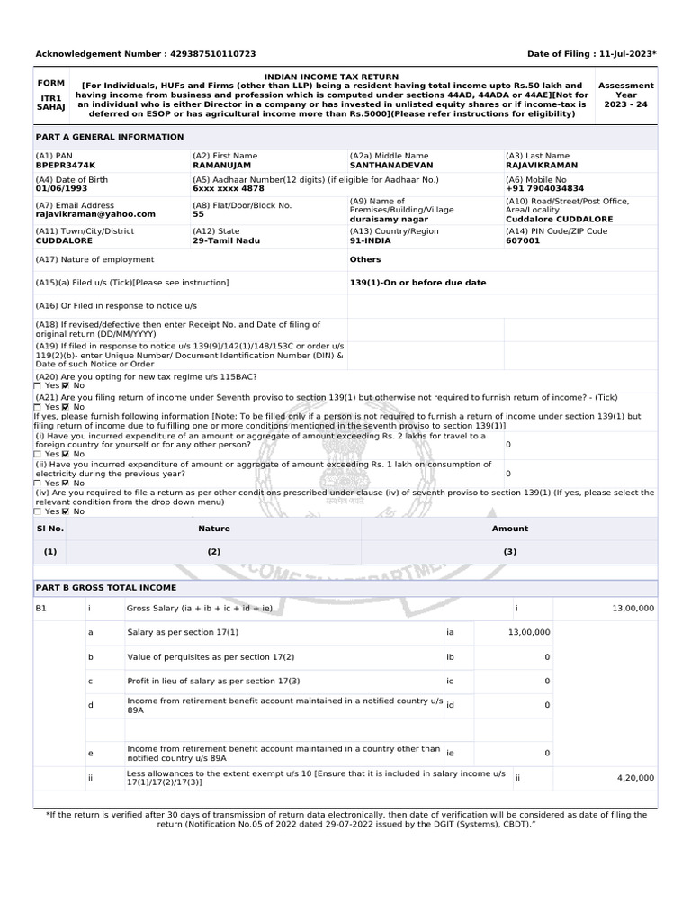 ITR1 Income Tax Return 2023-24 Form | PDF | Cost Of Living