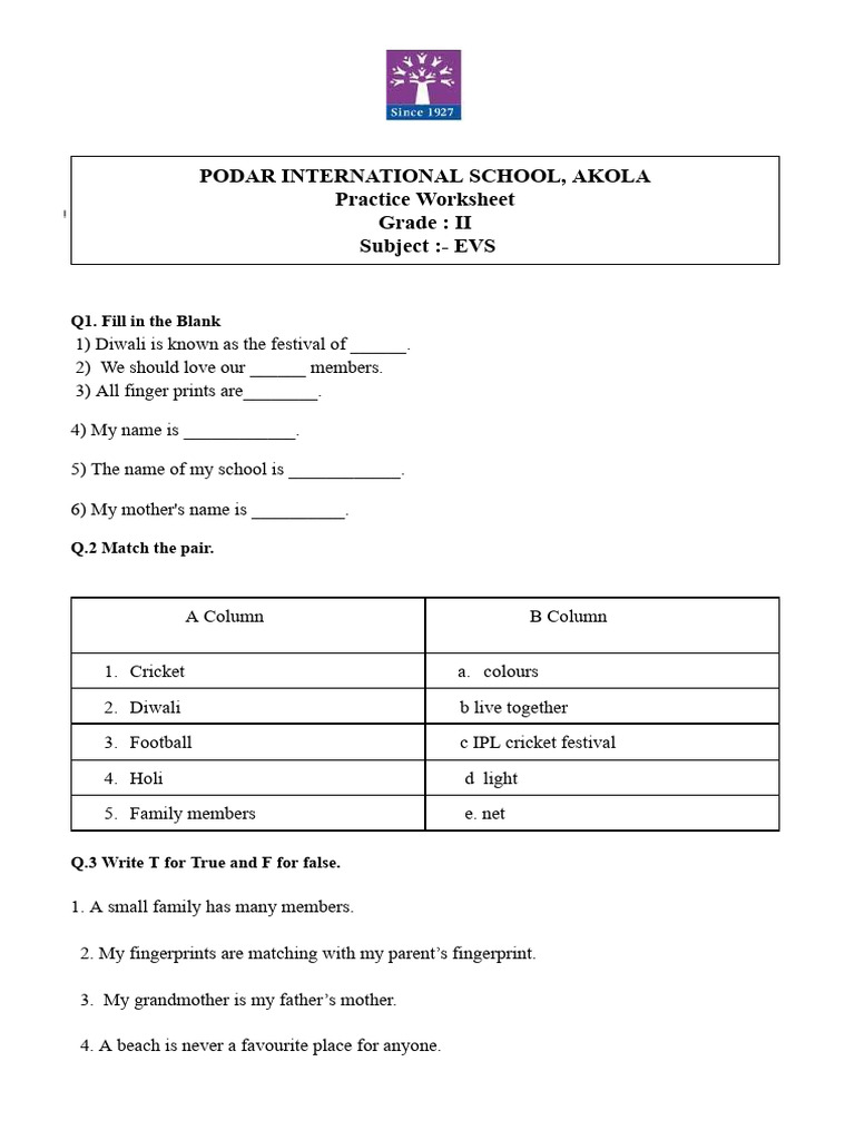 Grade II EVS Practice Worksheet | PDF