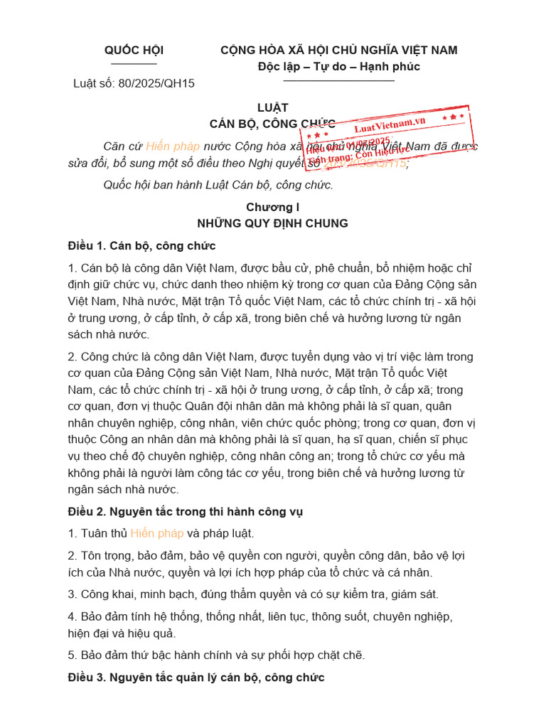Luật Cán bộ, công chức 2025, số 80:2025:QH15 | PDF