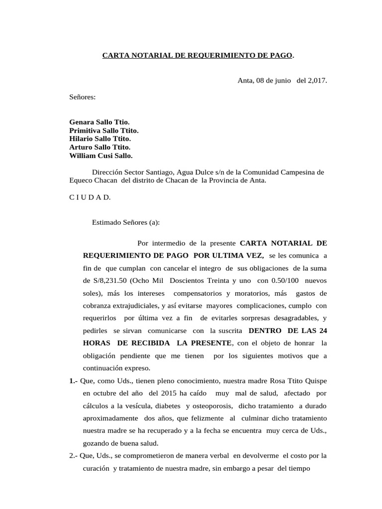 CARTA NOTARIAL Requerimiento de Pago. | PDF