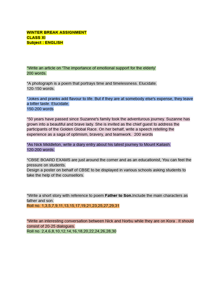 English Winter Break Assignment | PDF