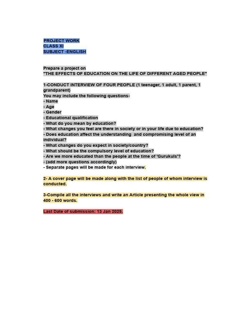 Project Work English Class Xi | PDF