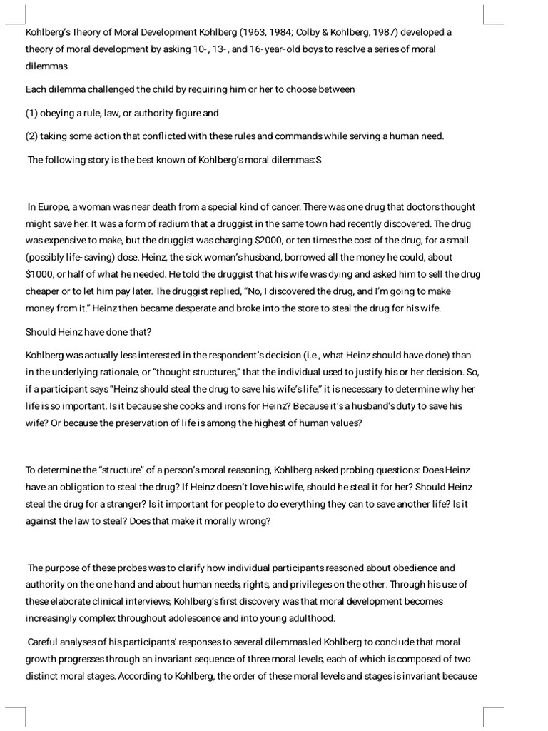 Kohlberg's Moral Development Theory Explained | PDF | Social Psychology ...
