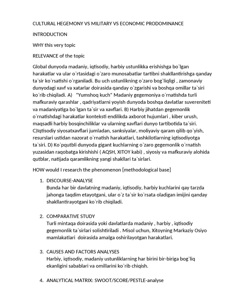 Cultural Hegemony vs Military vs Economic Prodominance | PDF