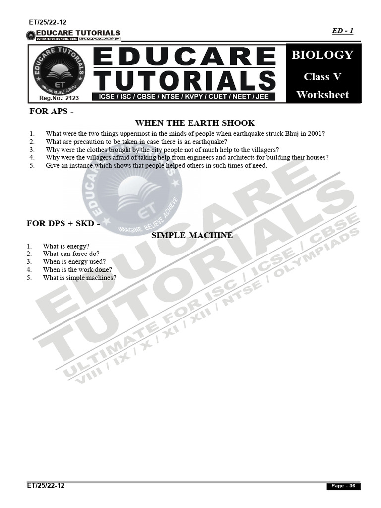 Class V Biology & Simple Machines Worksheet | PDF