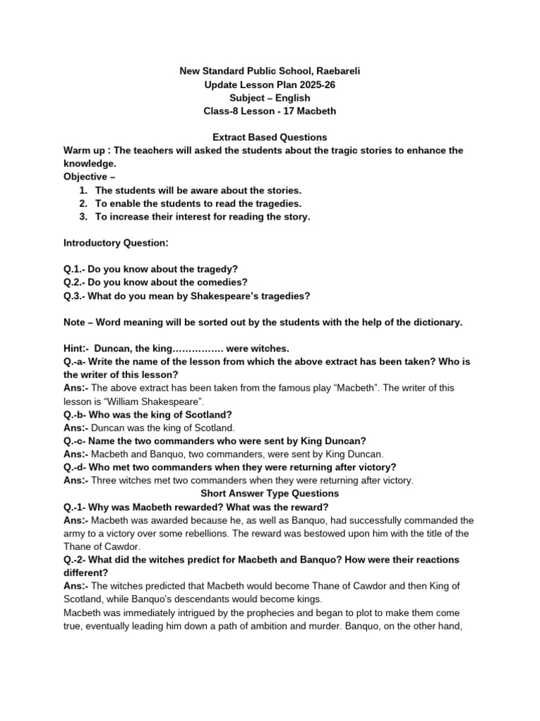 Macbeth Lesson Plan for Class 8 | PDF | Macbeth | Shakespearean Tragedies