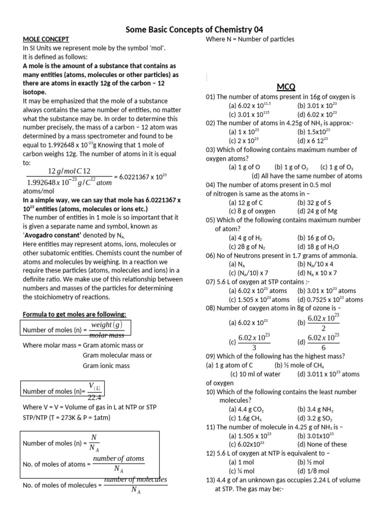 Some Basic Concepts of Chemistry 04 | PDF | Mole (Unit) | Quantity