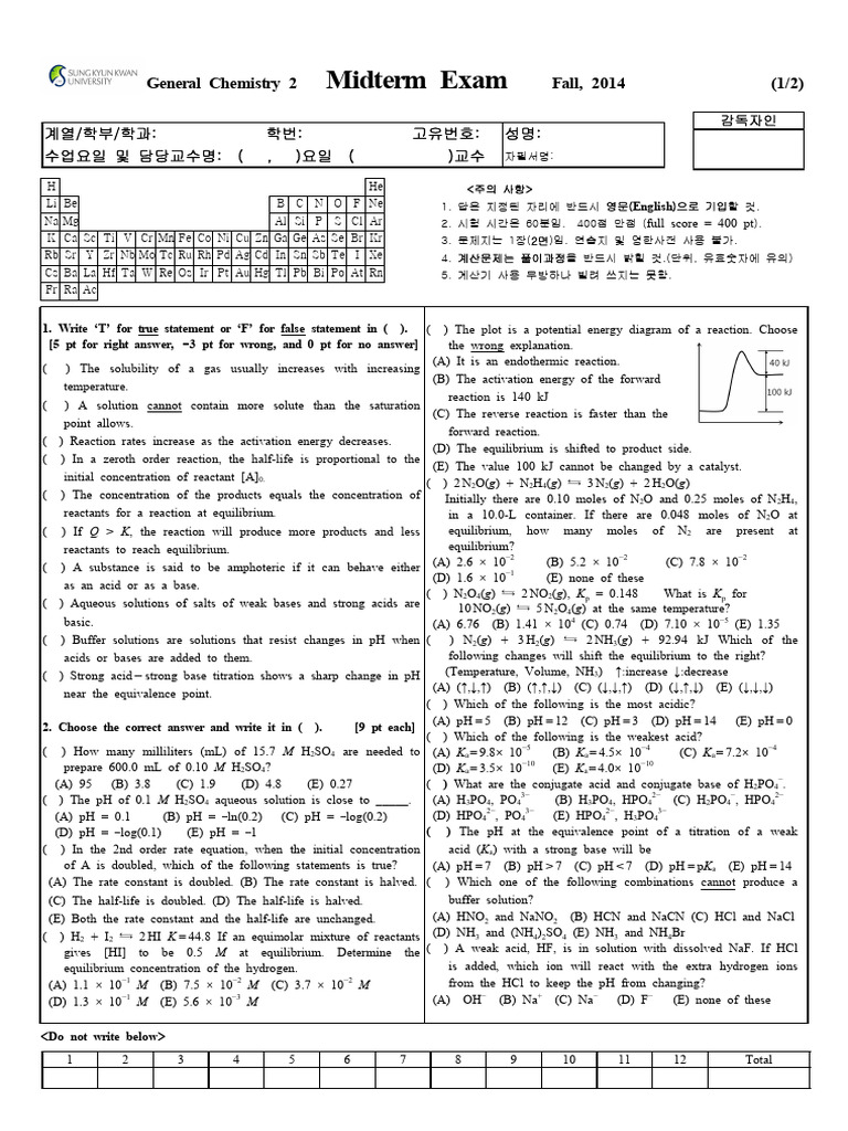 General Chemistry 2 Midterm Exam 2014 | PDF | Ph | Acid