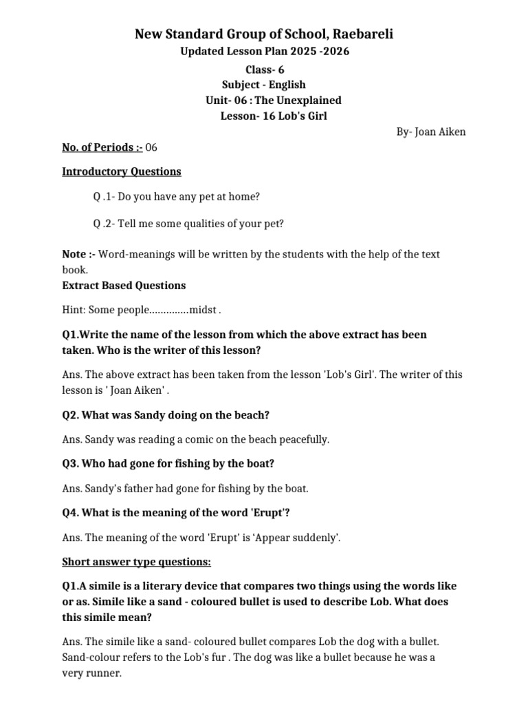 Class 6 English Lesson Plan: Lob's Girl | PDF