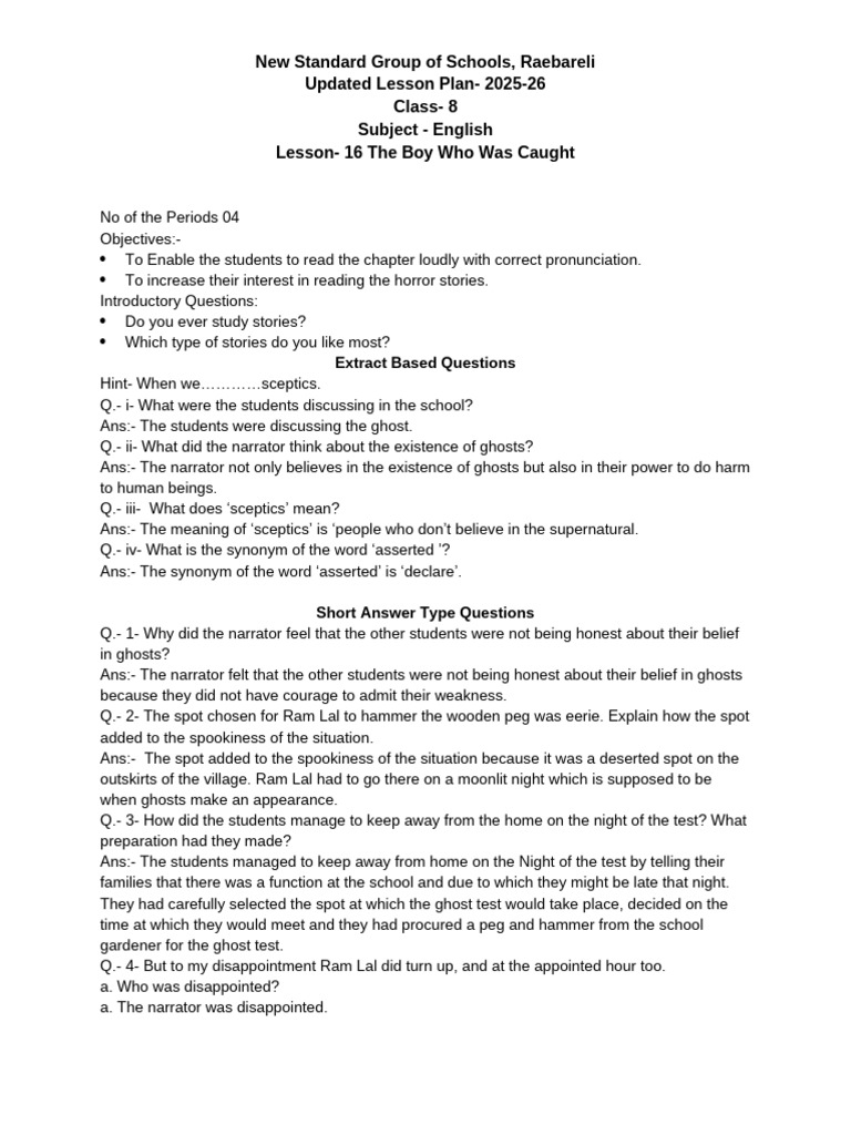 Class 8 English Lesson Plan: Ghost Story | PDF