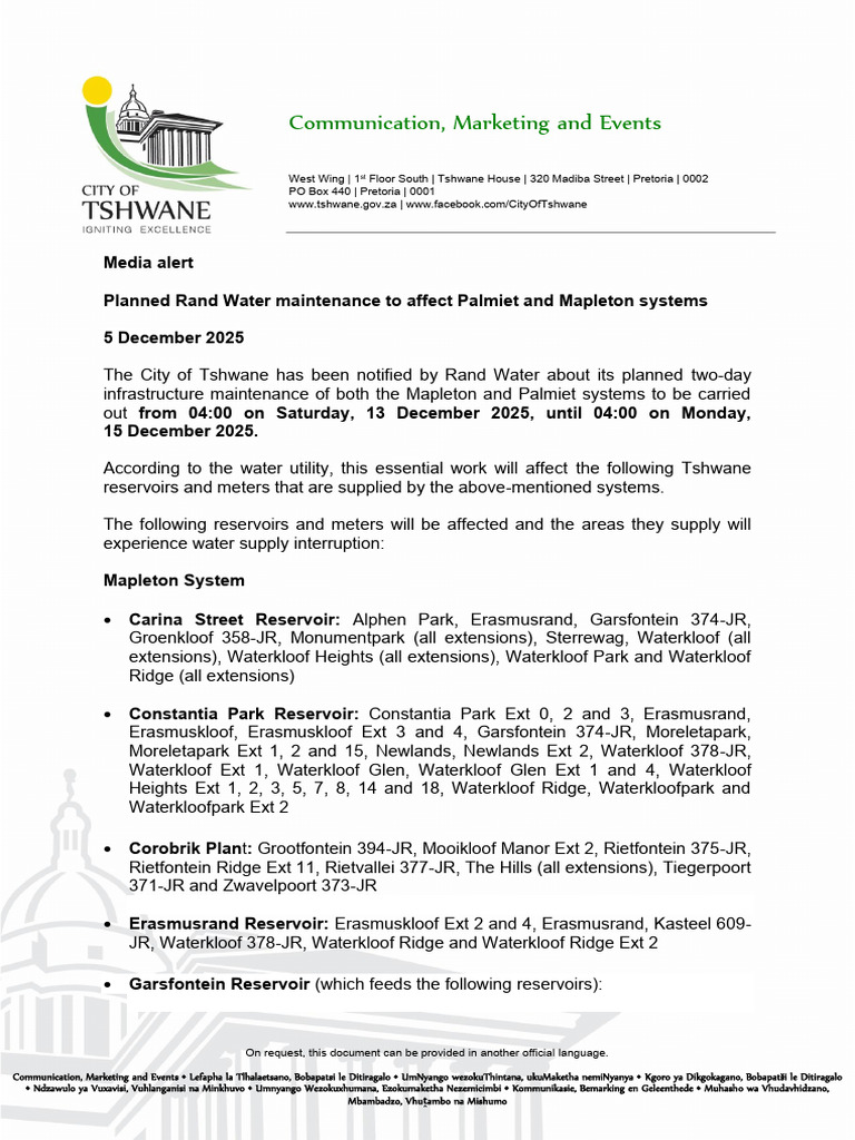 Media Alert- Planned Rand Water Maintenance to Affect Palmiet and ...