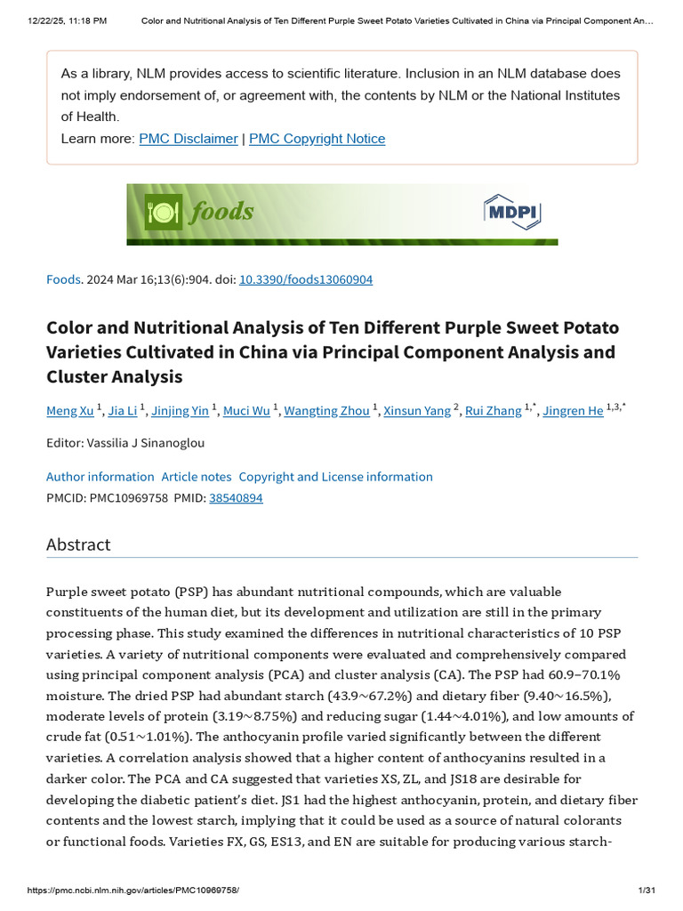 Color and Nutritional Analysis of Ten Different Purple Sweet Potato ...