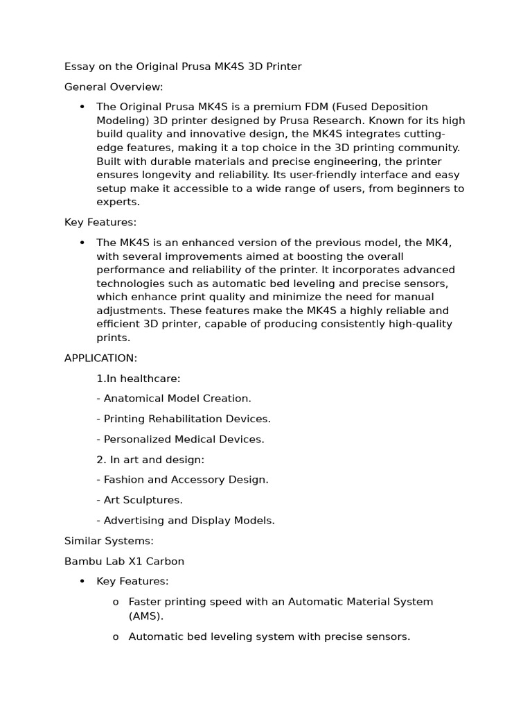 Essay on the Original Prusa MK4S 3D Printer | PDF | 3 D Printing ...