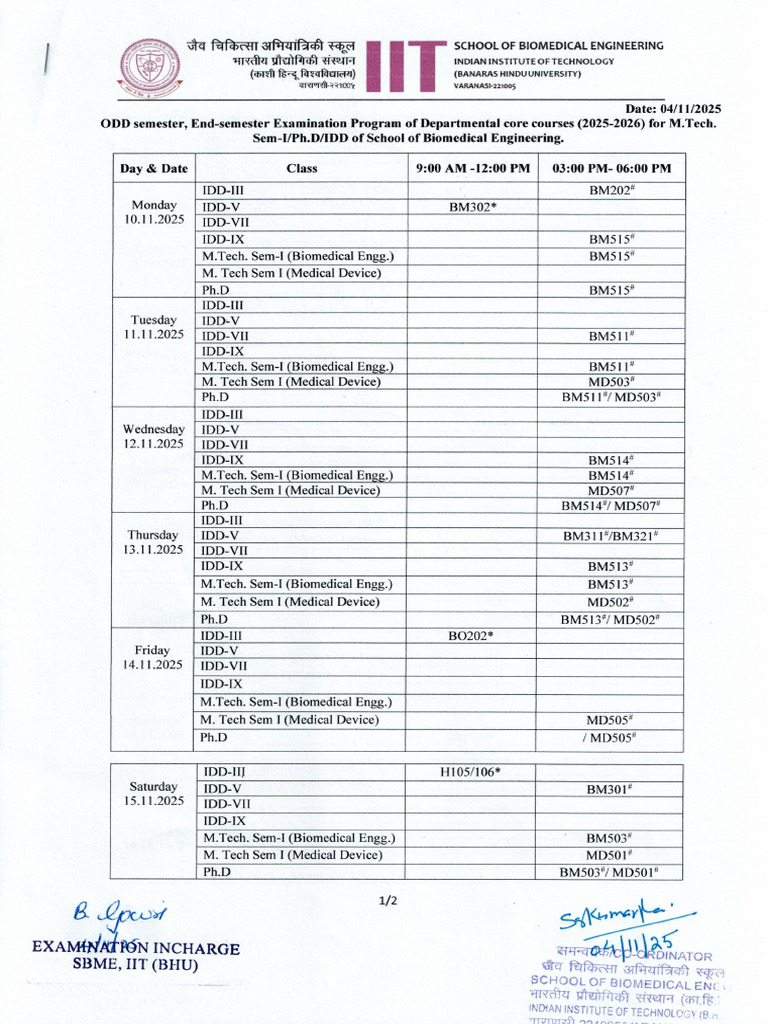 SBME End Term Odd Semester 2025-26 Examination Schedule | PDF