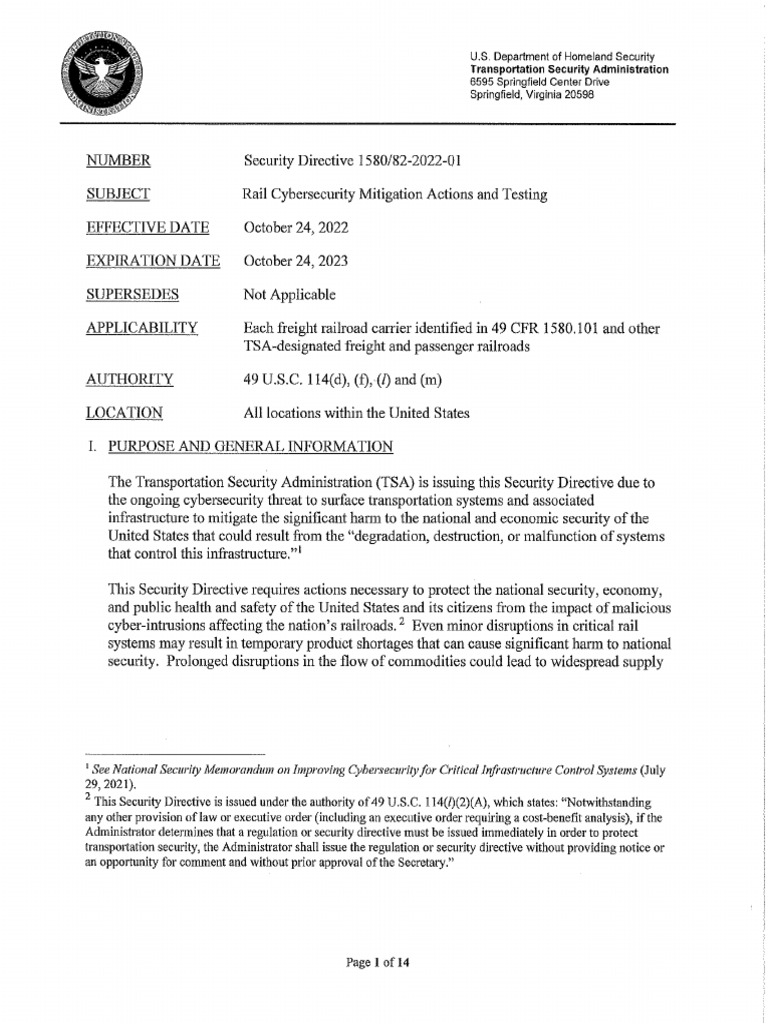 Transport Security Admin - US DHS - Directive - sd-1580-82-2022-01 | PDF