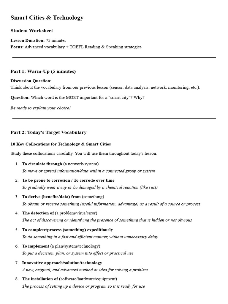 Smart Cities Vocabulary & Strategies Worksheet | PDF | Simulation ...