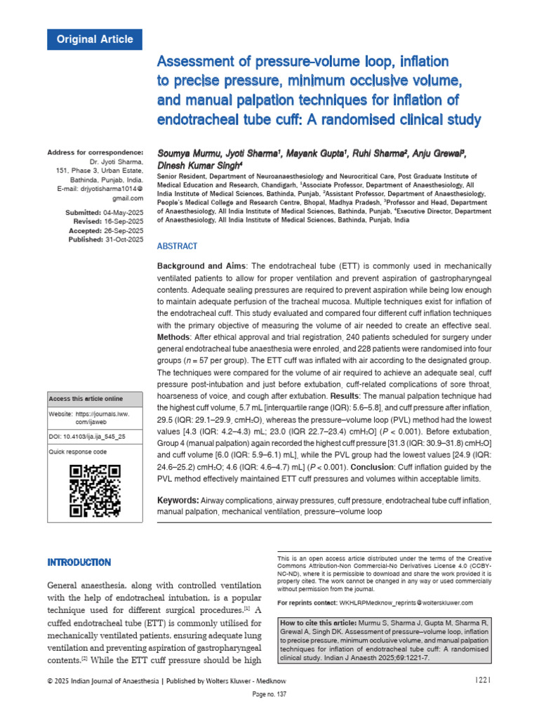 Cuff Inflation Techniques in Anaesthesia | PDF | Clinical Medicine ...