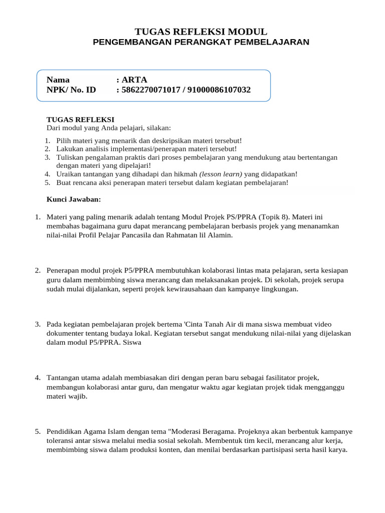 Refleksi Pengembangan Pembelajaran P5/PPRA | PDF