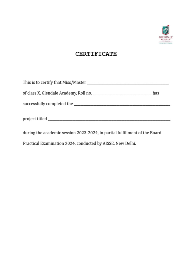 Class X Project Completion Certificate | PDF