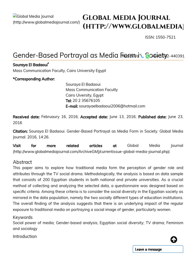 Gender Portrayal in Egyptian Media | PDF | Gender | Gender Studies
