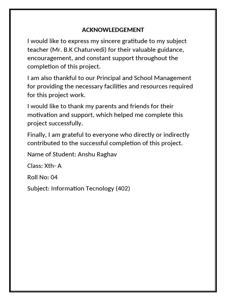 Acknowledgement by Class 10 Anshu | PDF