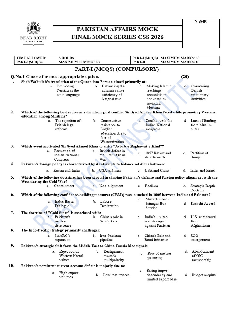 Pakistan Affairs CSS 2026 Mock Exam | PDF | Pakistan | International ...