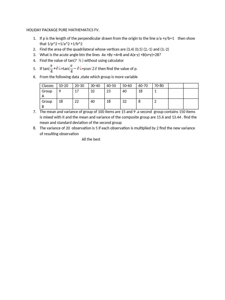 Holiday Package Pure Mathematics Problems | PDF