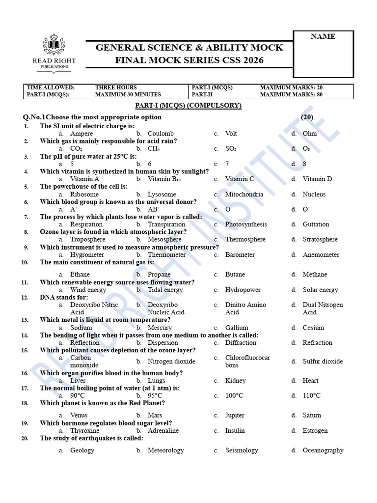 Gsa Final Mock Series Css 2026 | PDF | Blood Plasma | Water