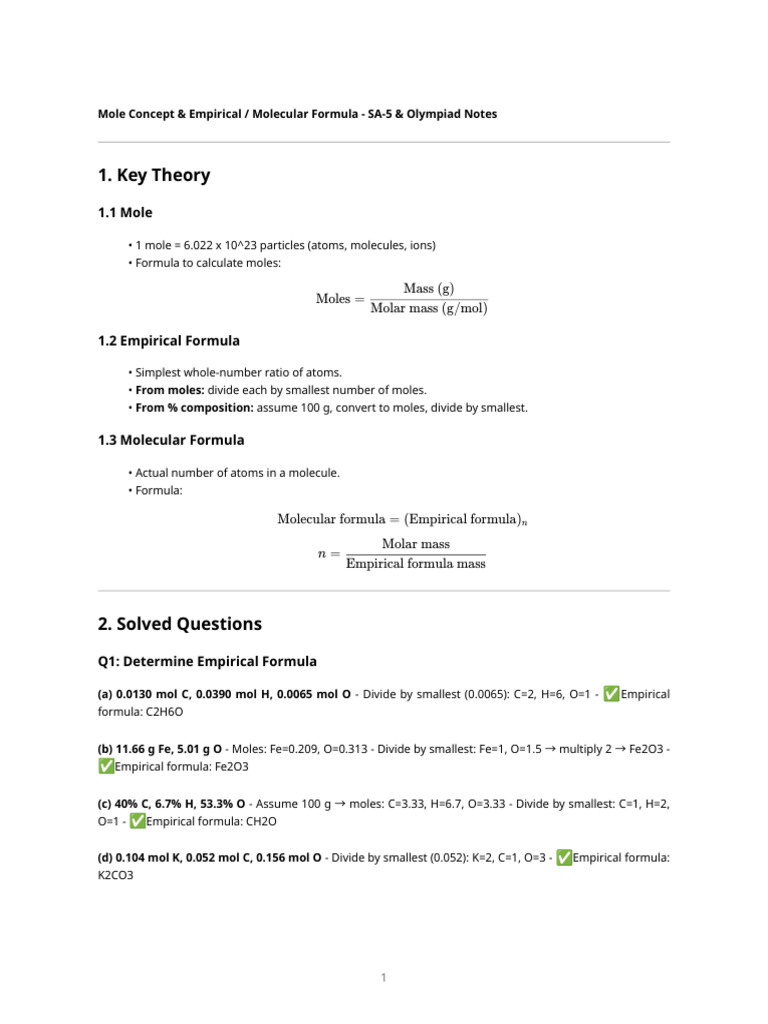 Mole Empirical Molecular Notes | PDF | Mole (Unit) | Molecules