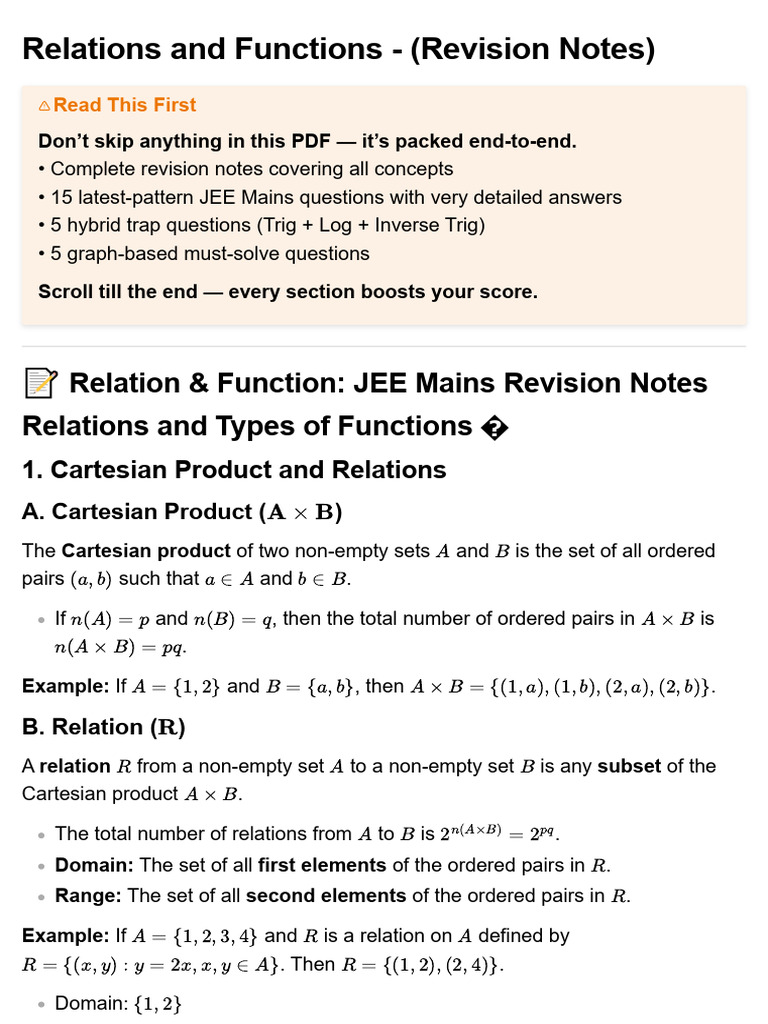 Relations and Functions - (Revision Notes) | PDF | Function ...