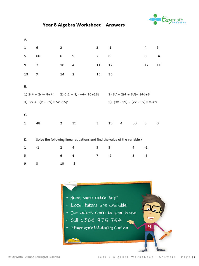 Year 8 Algebra Worksheet Answers | PDF