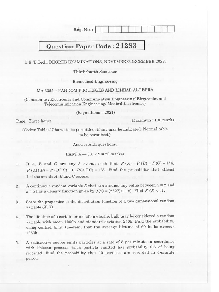 Random Process and Linear Algebra - MA3355 2021 Regulation - Question ...
