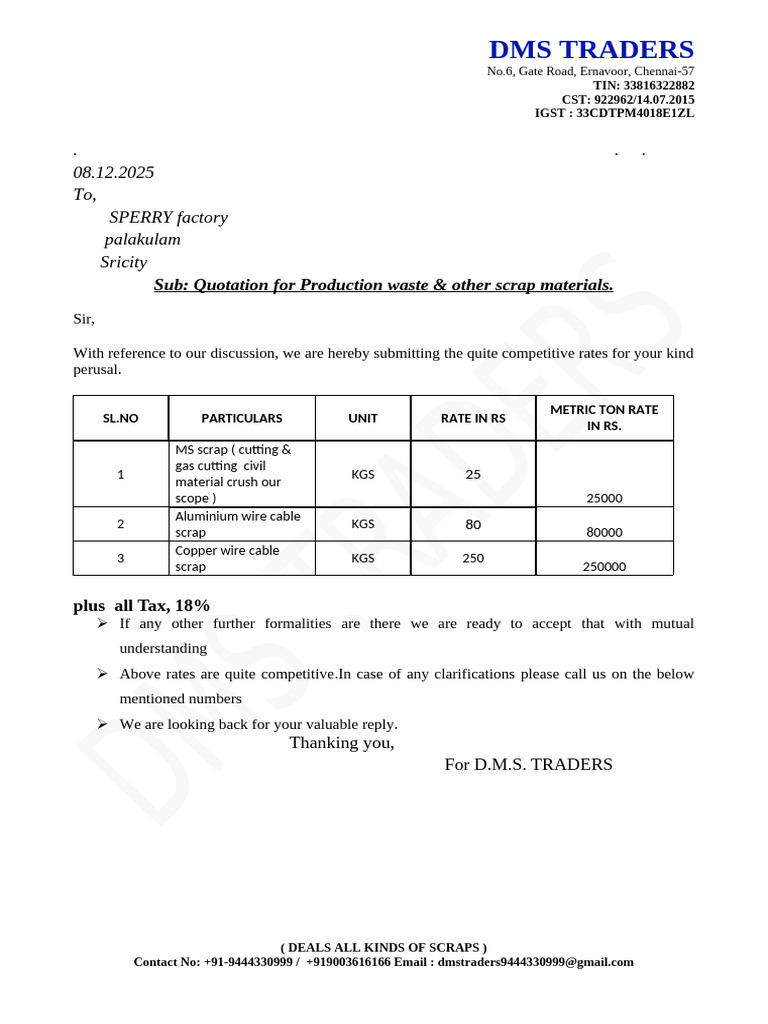 Quotation for Scrap Materials Pricing | PDF
