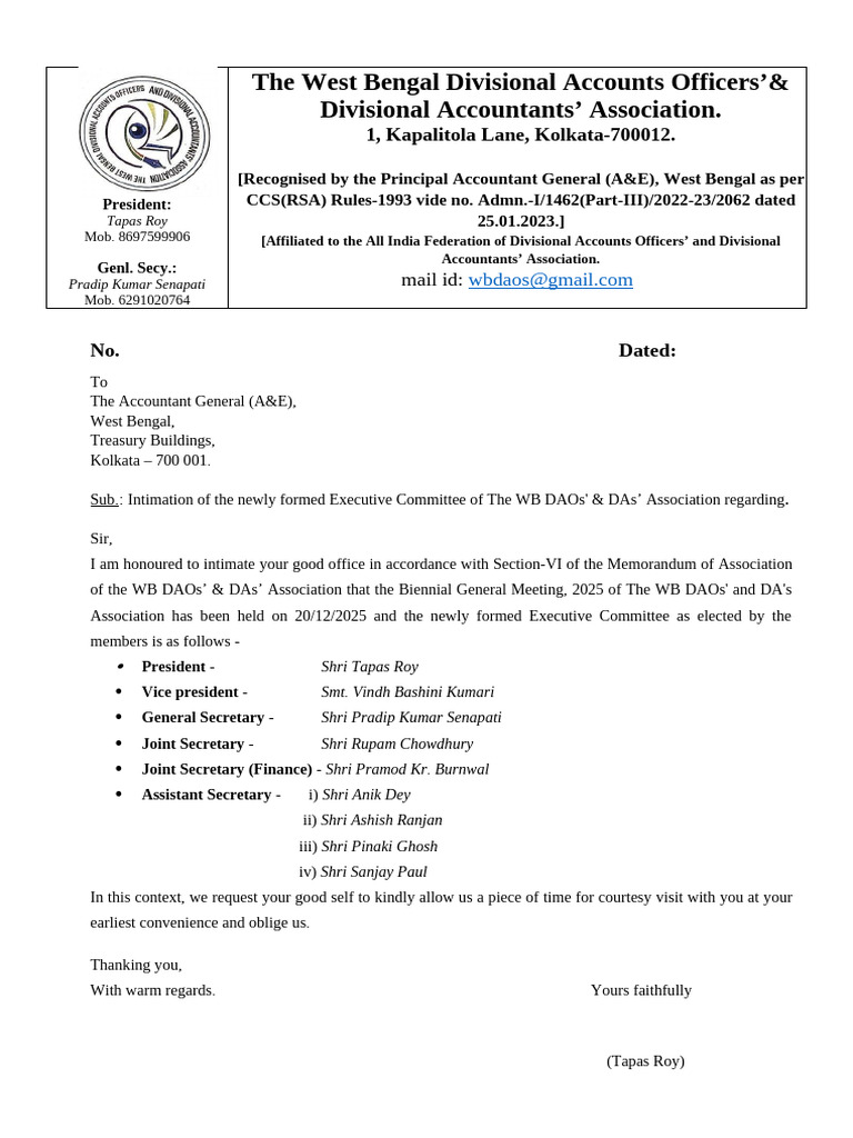 Intimation to AG WB Regarding 2025-27 Cenrtral Committee-1 | PDF