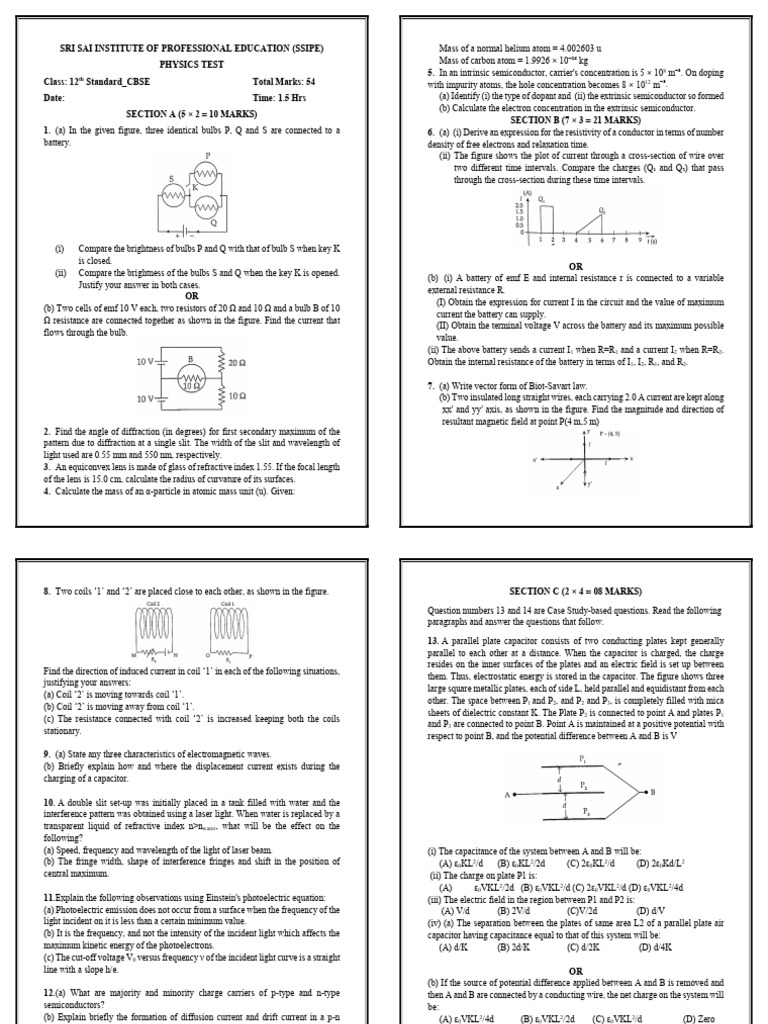 Class 12 CBSE Physics Test Paper | PDF | Photoelectric Effect | Capacitor