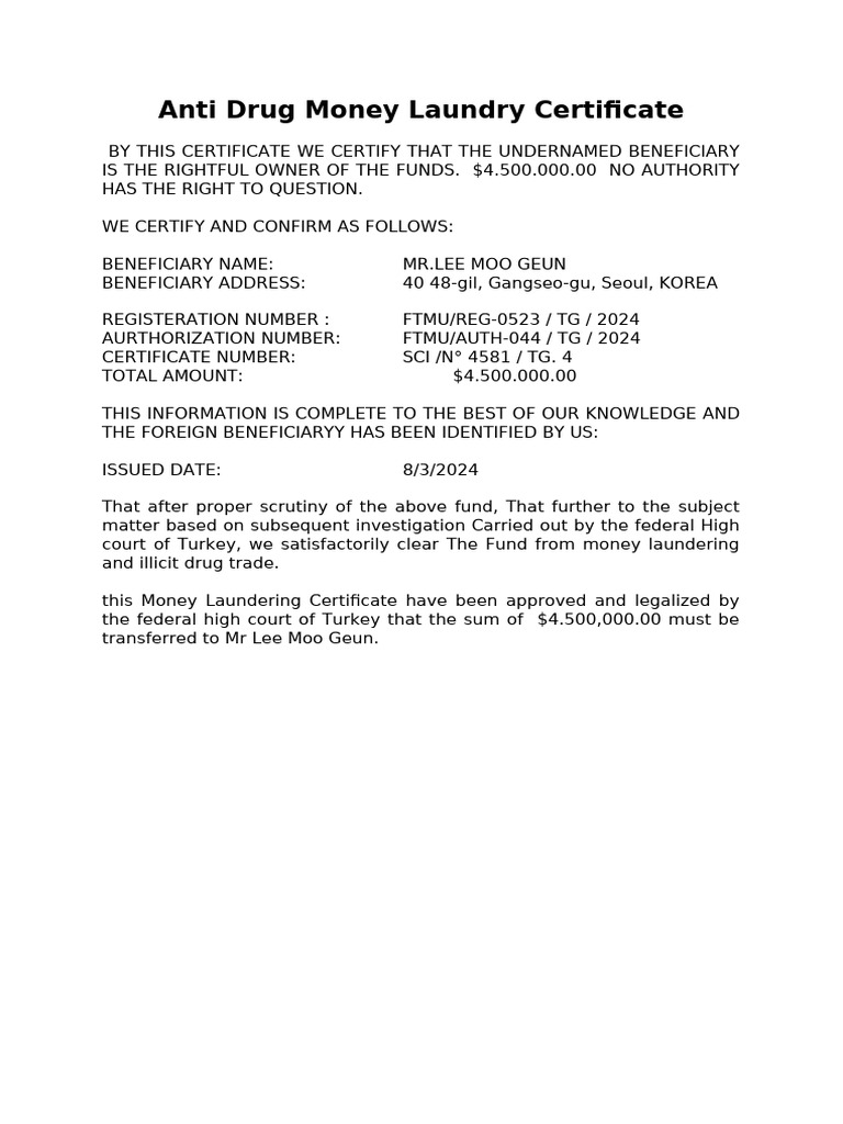 Anti-Drug Money Laundering Certificate | PDF