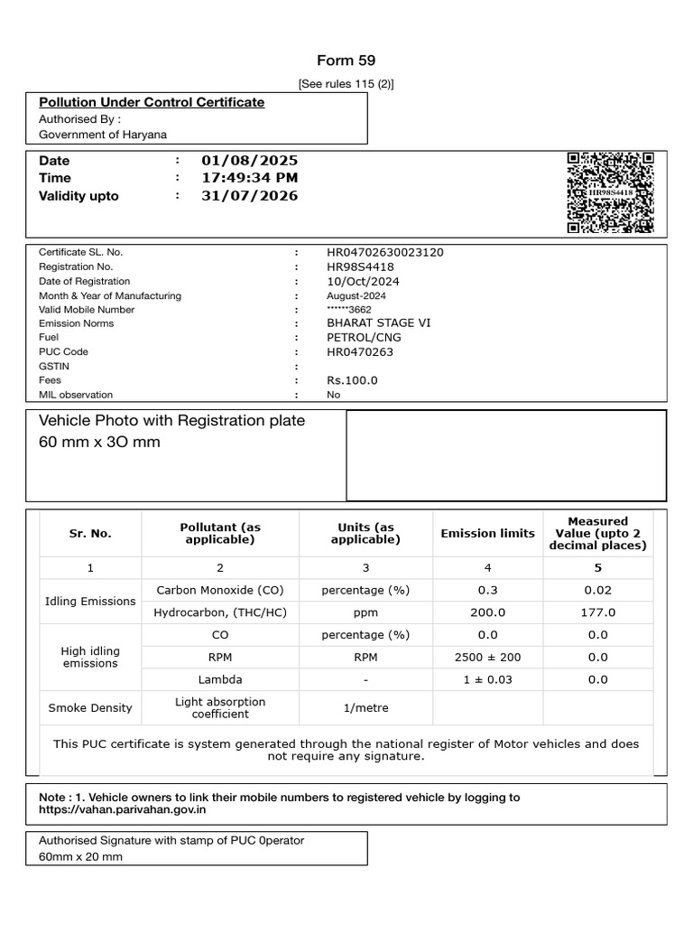 Haryana Pollution Control Certificate | PDF | Exhaust Gas | Air Pollution
