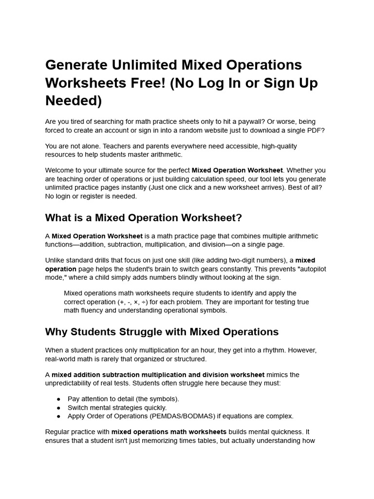 Free Unlimited Mixed Math Worksheets | PDF | Worksheet | Mathematics
