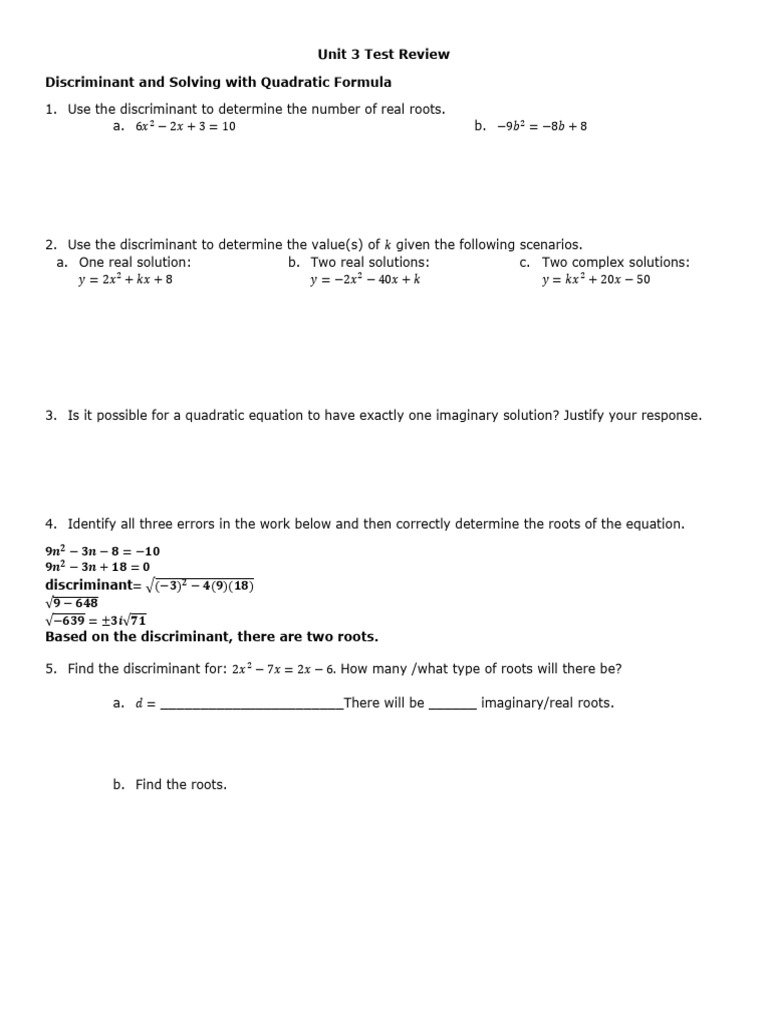 Quadratic Formula and Discriminant Review | PDF | Quadratic Equation ...