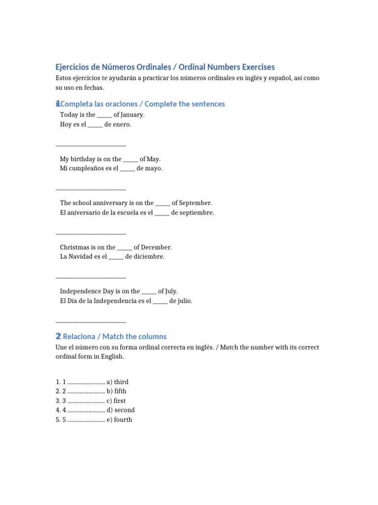 Ejercicios de Números Ordinales en Inglés y Español | PDF