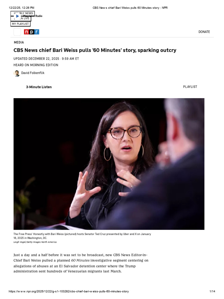 CBS News Chief Bari Weiss Pulls 60 Minutes Story - NPR | PDF | 60 ...