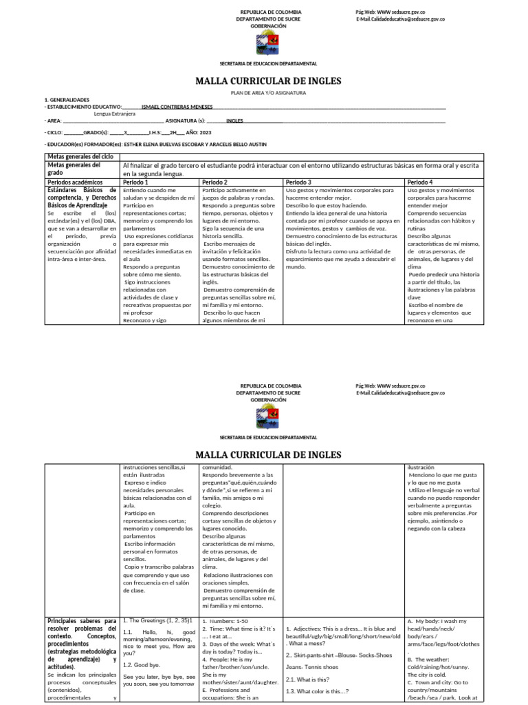 GUIA PLAN DE ARea Ingles 3 | PDF | Léxico | Comunicación