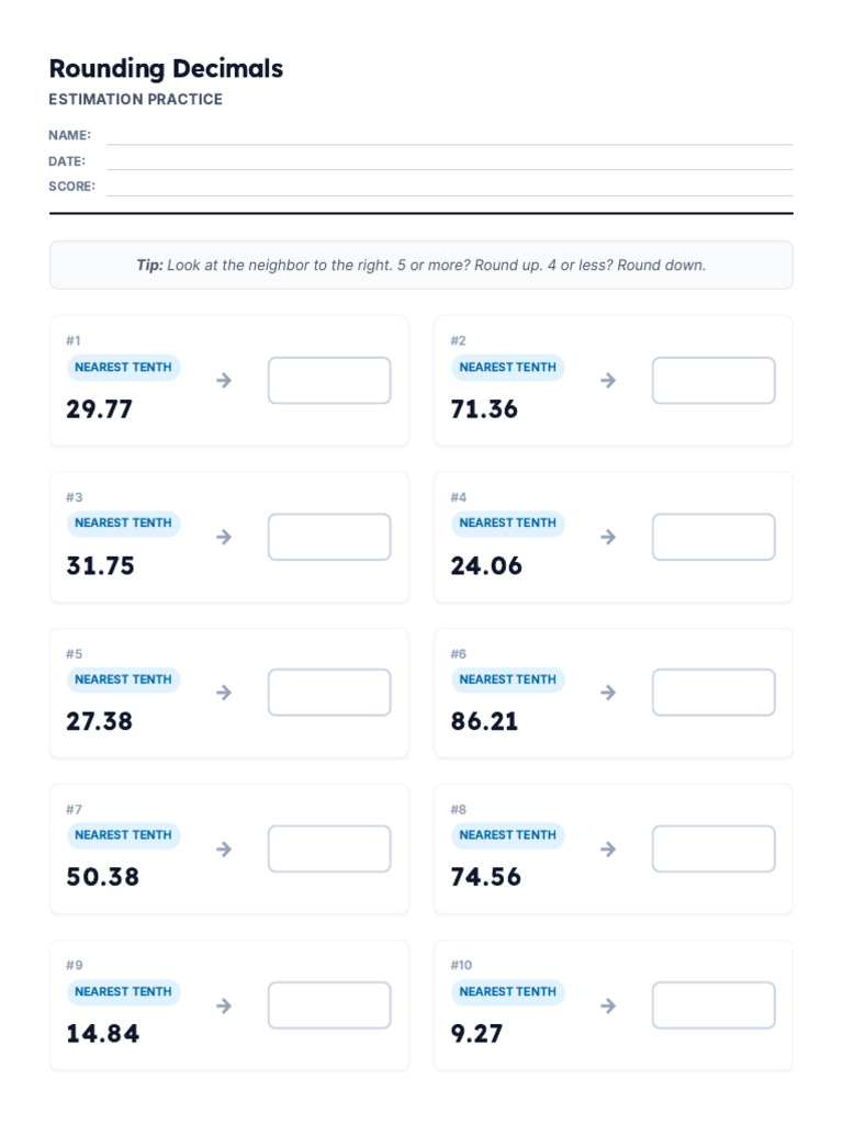 Rounding Decimals Practice Worksheet | PDF | Arithmetic | Number Theory