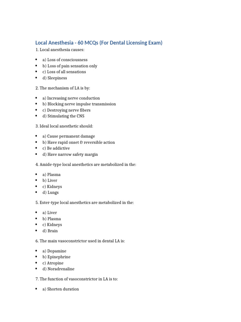 Local Anesthesia MCQs for Dental Exam | PDF | Anesthesia | Medical ...