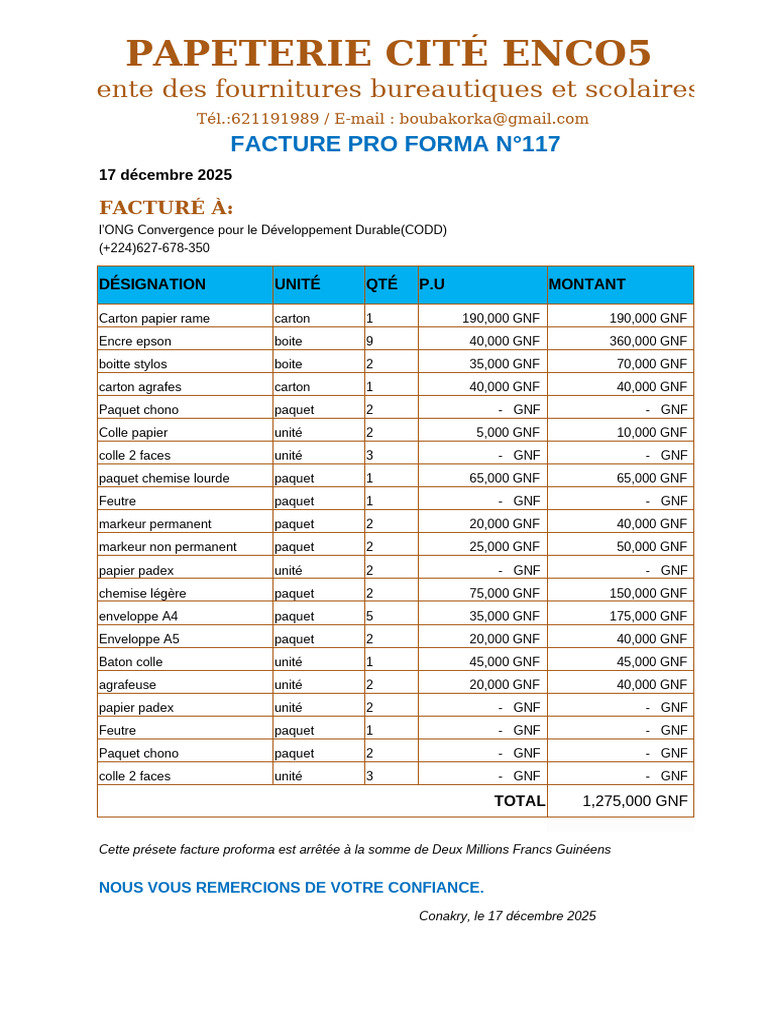 Facture Pro Forma Fournitures Bureautiques | PDF | Papeterie