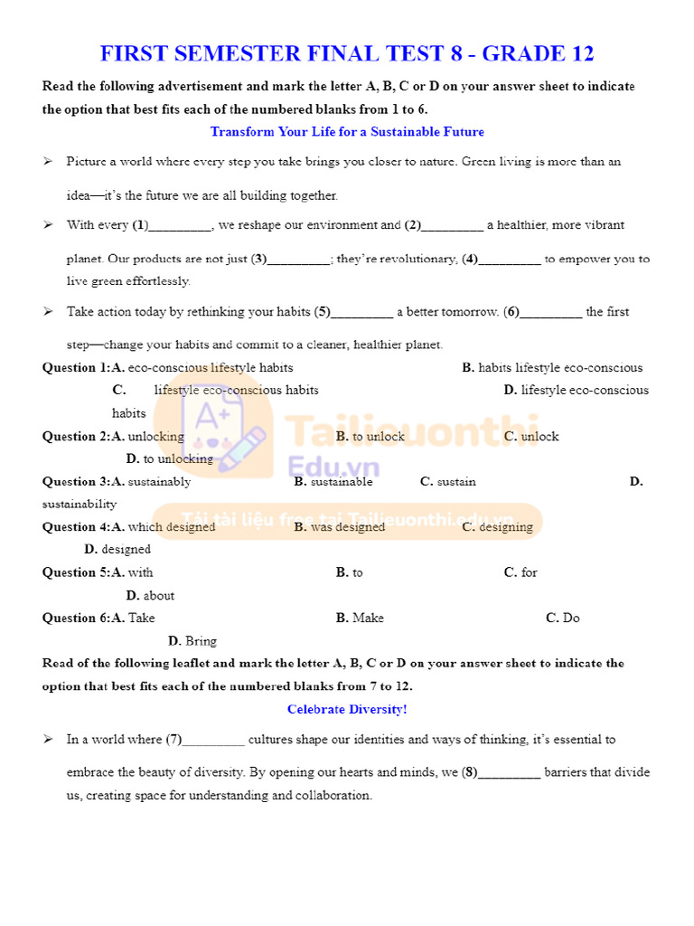 First Semester Final Exam TEST 8 - GRADE 12 - HS-stamped | PDF